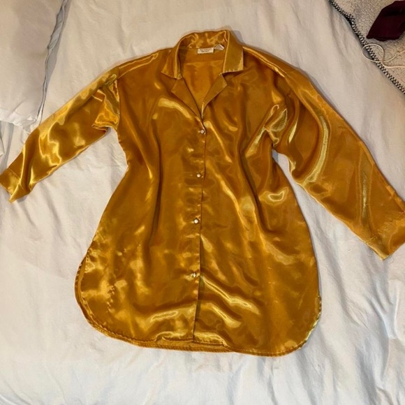 Intimates & Sleepwear | Silky Gold Button Up Pajama Dress Satin Flowy ...
